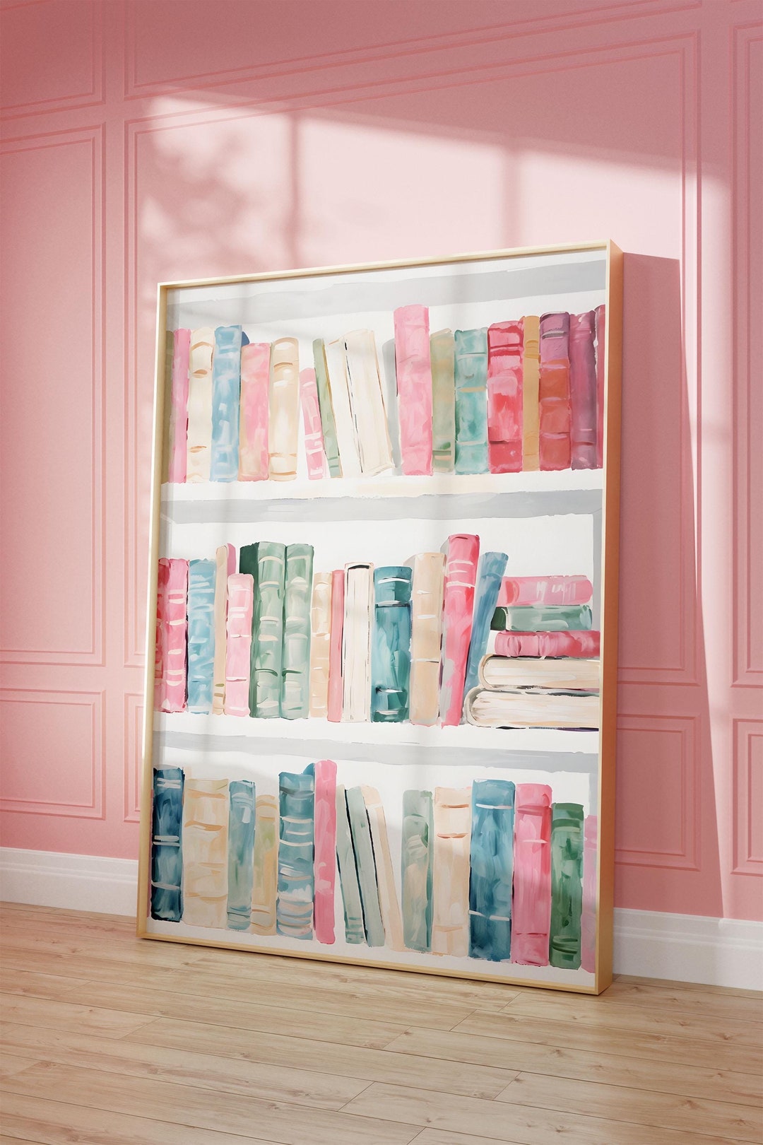 Pastel Book Lover Print, Colorful Bookshelf Painting, Reading Nook Wall ...