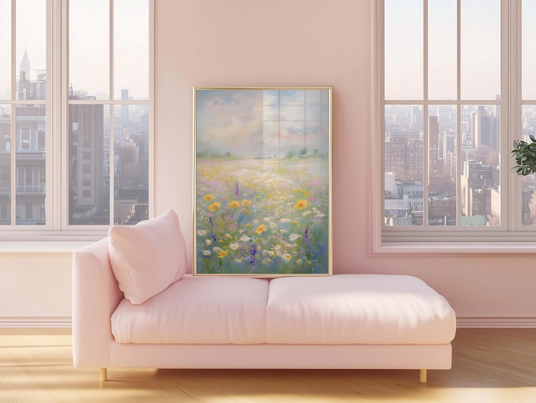 Colorful Spring Meadow Landscape Painting, Pastel Flower Field Wall Art ...