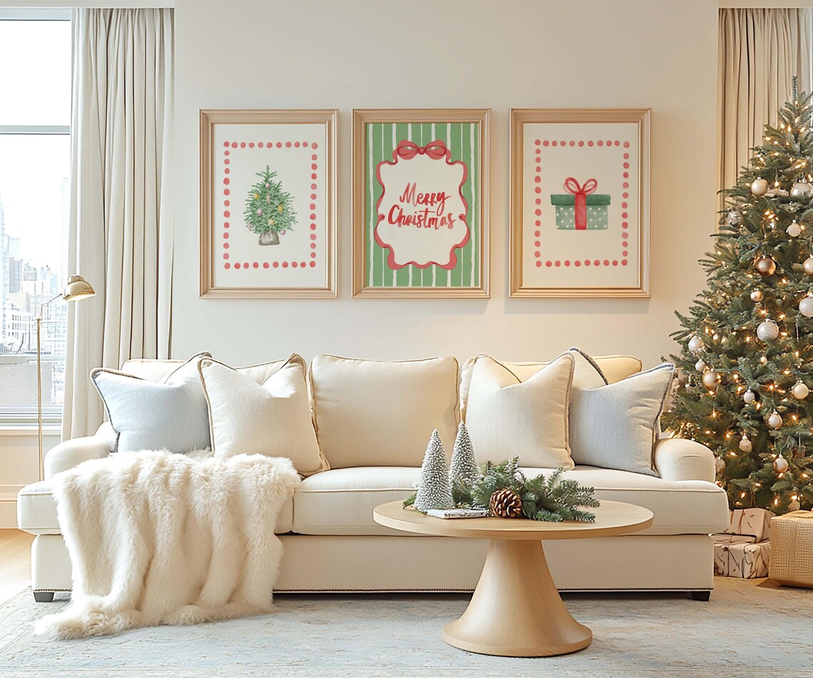 Merry Christmas Prints Set of 3, Trendy Holiday Wall Art, Red Green ...