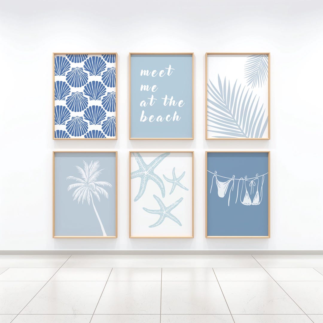 Blue Preppy Beach Prints Set of 6, Trendy Coastal Wall Art Posters ...