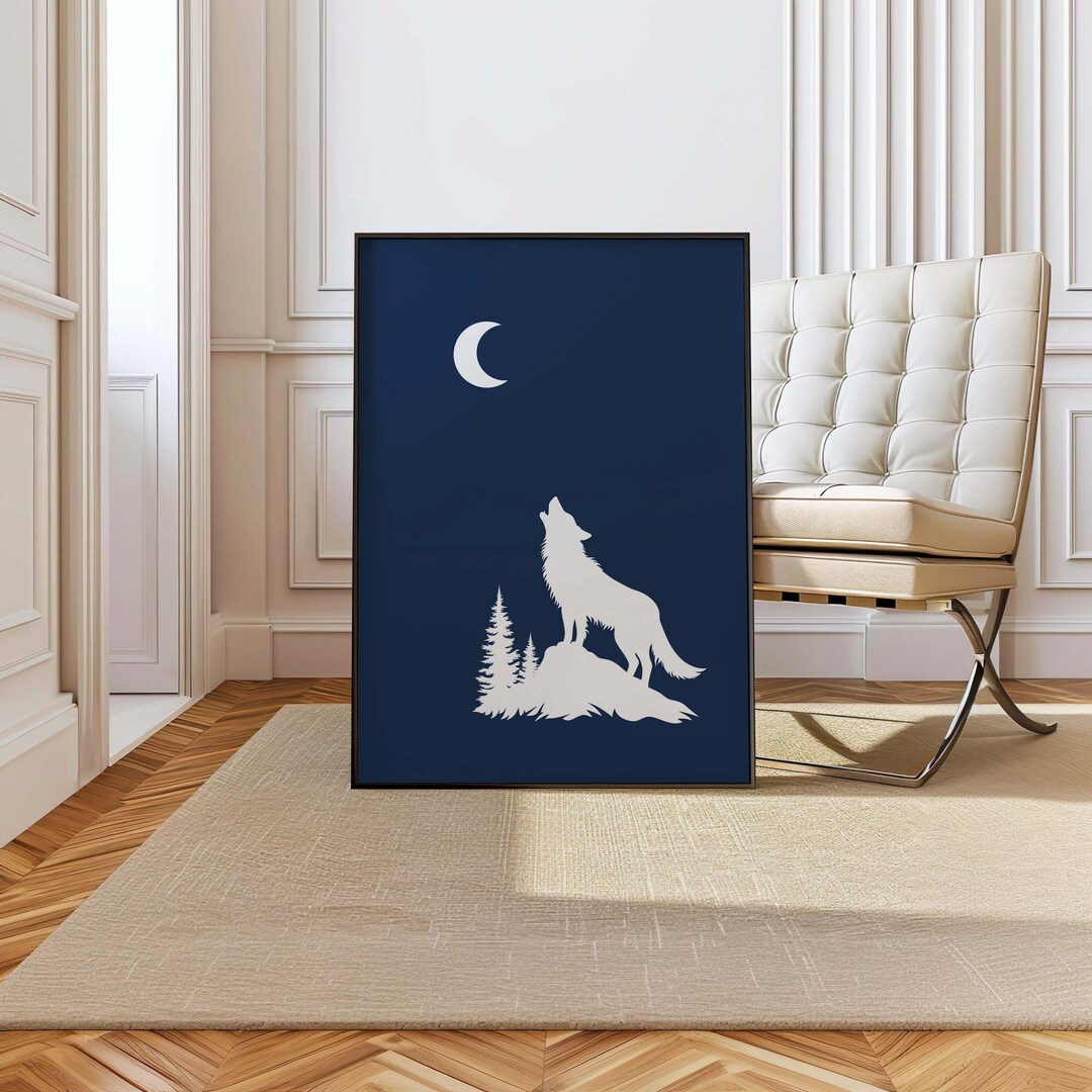 Wolf Digital Art Print, Navy Blue Wall Art, Masculine Wall Art ...