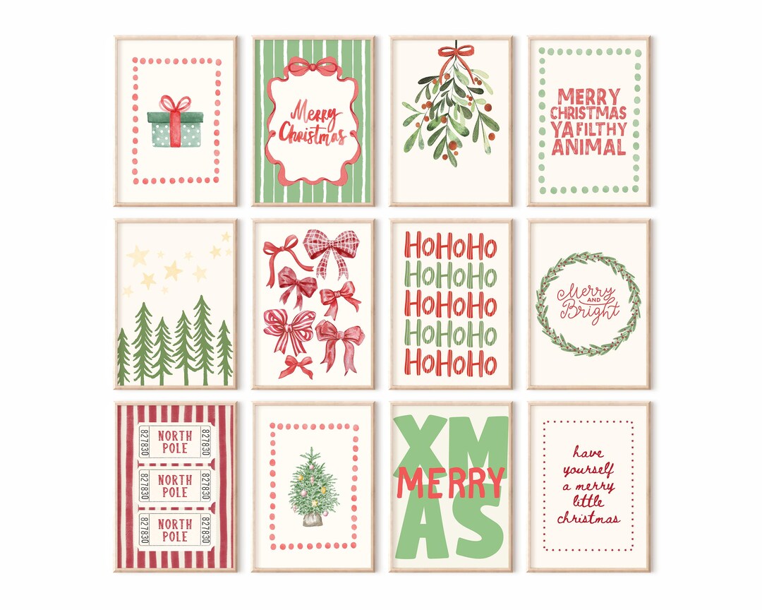 Christmas Posters Set of 12, Red Green Christmas Wall Art Bundle ...