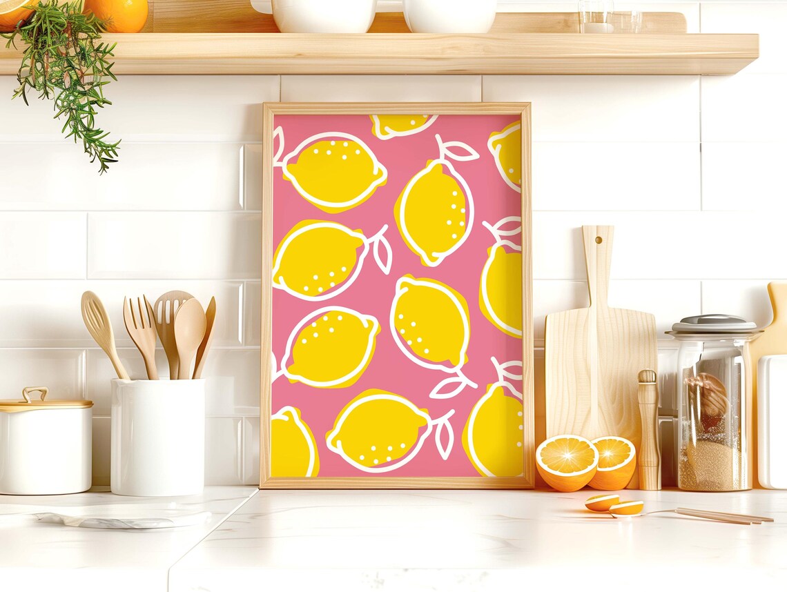 Lemon Wall Art Print, Pink Citrus Poster, Maximalist Dopamine Kitchen ...