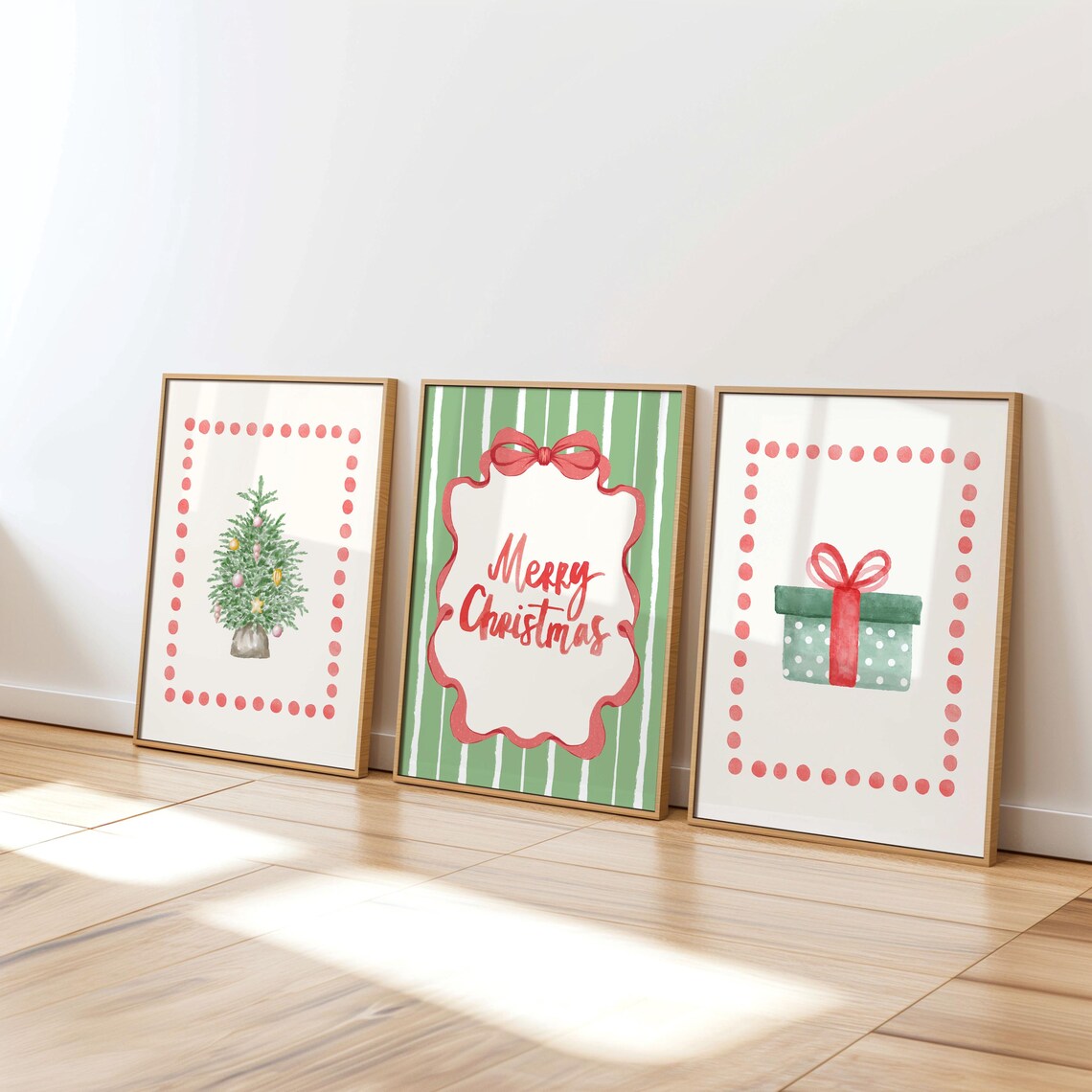 Merry Christmas Prints Set of 3, Trendy Holiday Wall Art, Red Green ...