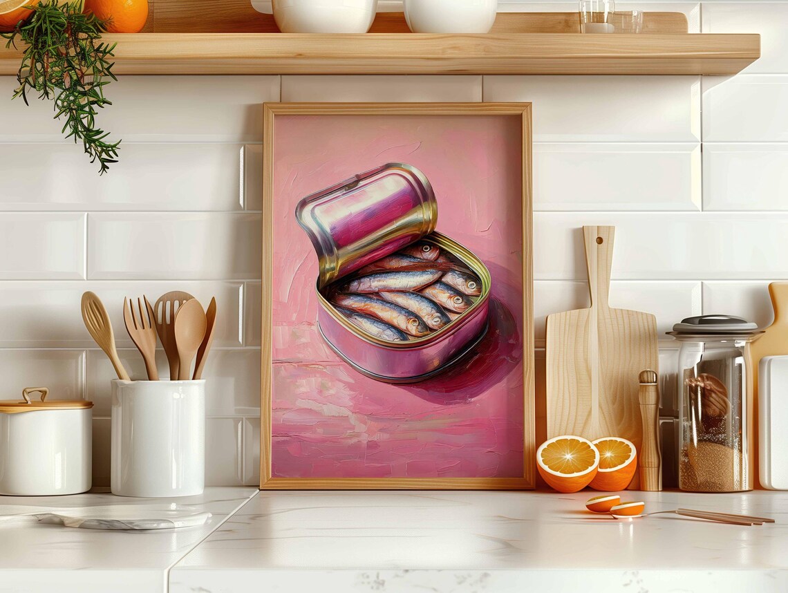 Sardines Wall Art Print, Pink Sardines Tin Print, Retro Kitchen Decor ...