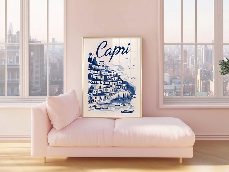 Capri Italy Travel Poster, Retro Italy Print, Navy Blue Trendy Wall Art ...