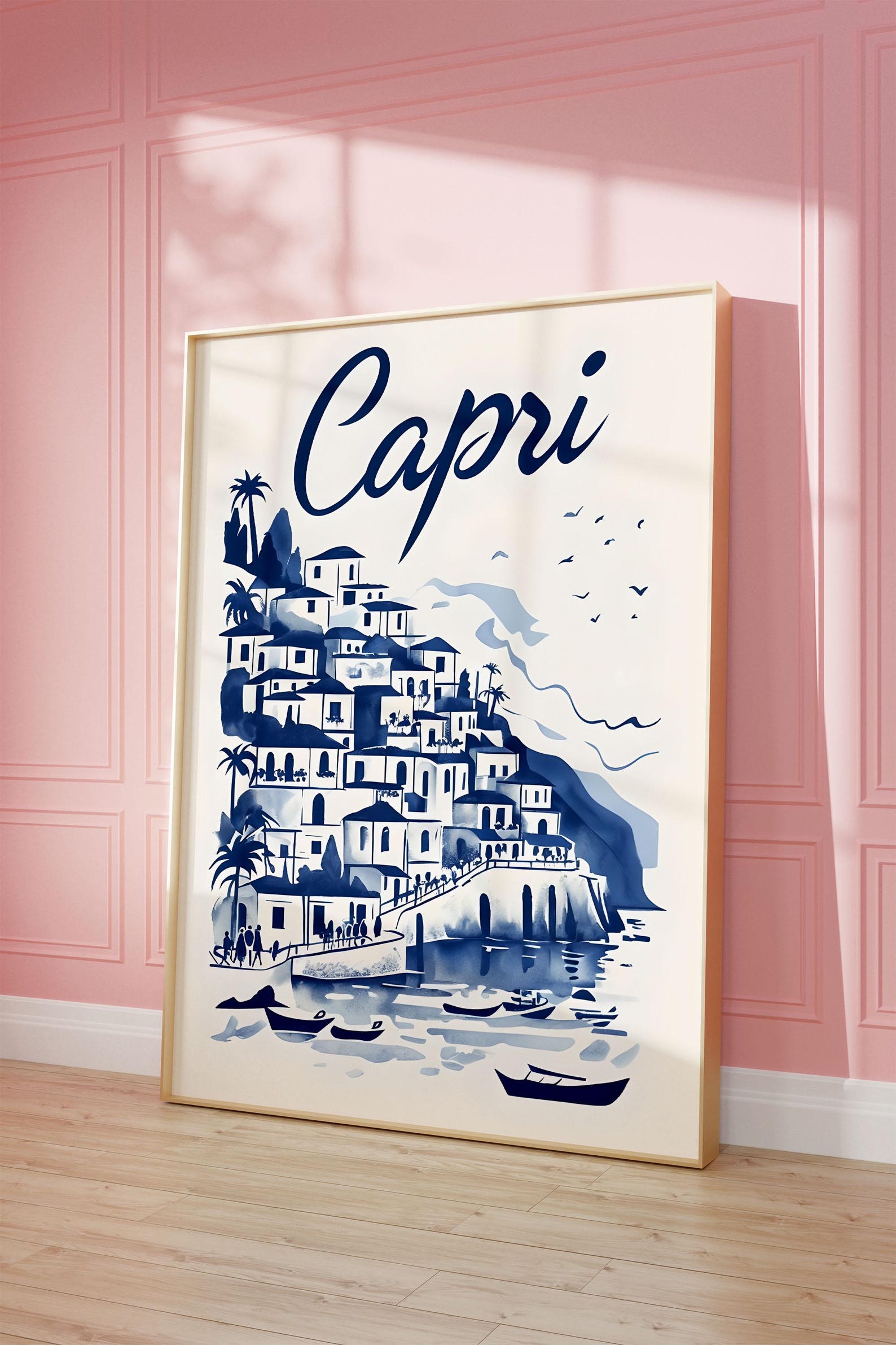 Capri Italy Travel Poster, Retro Italy Print, Navy Blue Trendy Wall Art ...