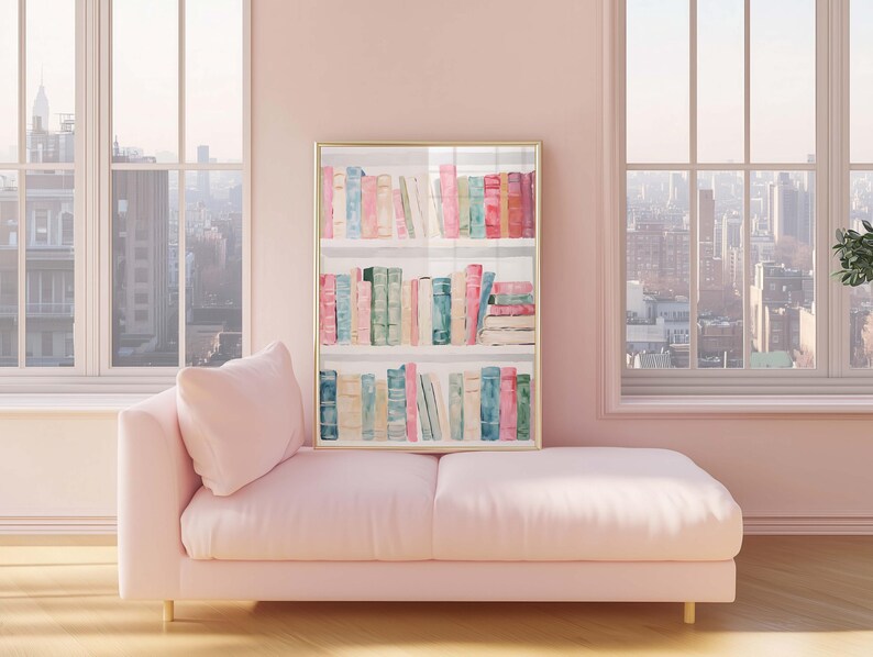 Pastel Book Lover Print, Colorful Bookshelf Painting, Reading Nook Wall ...
