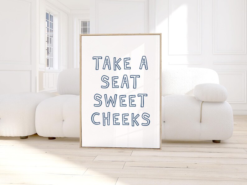 Take A Seat Sweet Cheeks Bathroom Print, Navy Blue and White Funny ...