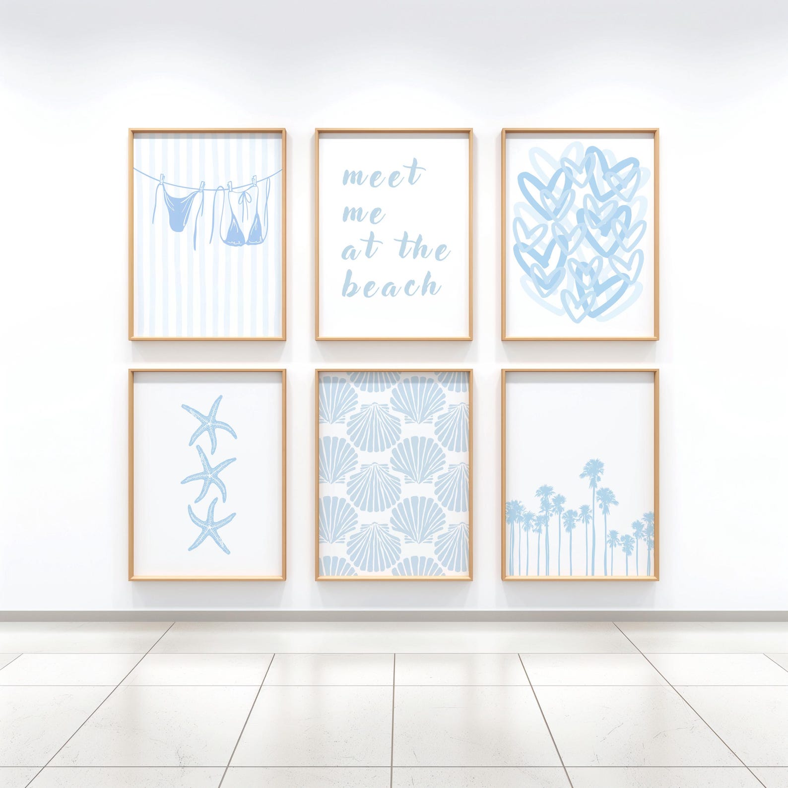 Blue Preppy Beach Prints Set of 6, Trendy Coastal Wall Art Posters ...