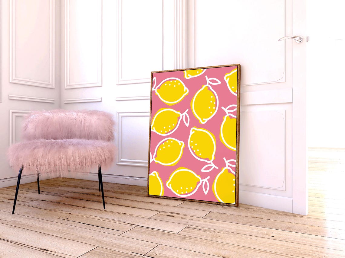 Lemon Wall Art Print, Pink Citrus Poster, Maximalist Dopamine Kitchen ...