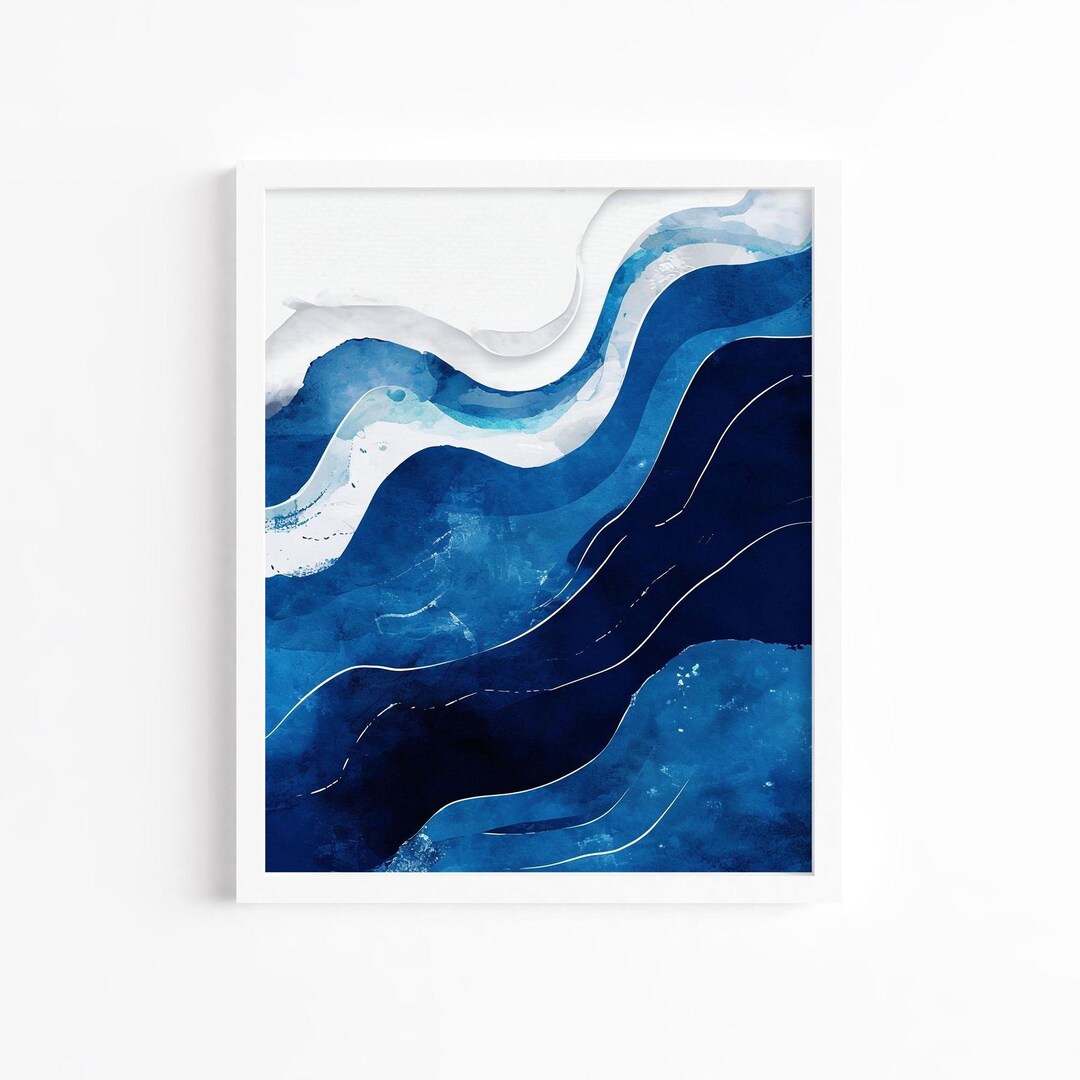 Abstract Wave Wall Art Print, Blue Ocean Waves Poster, Minimalist ...