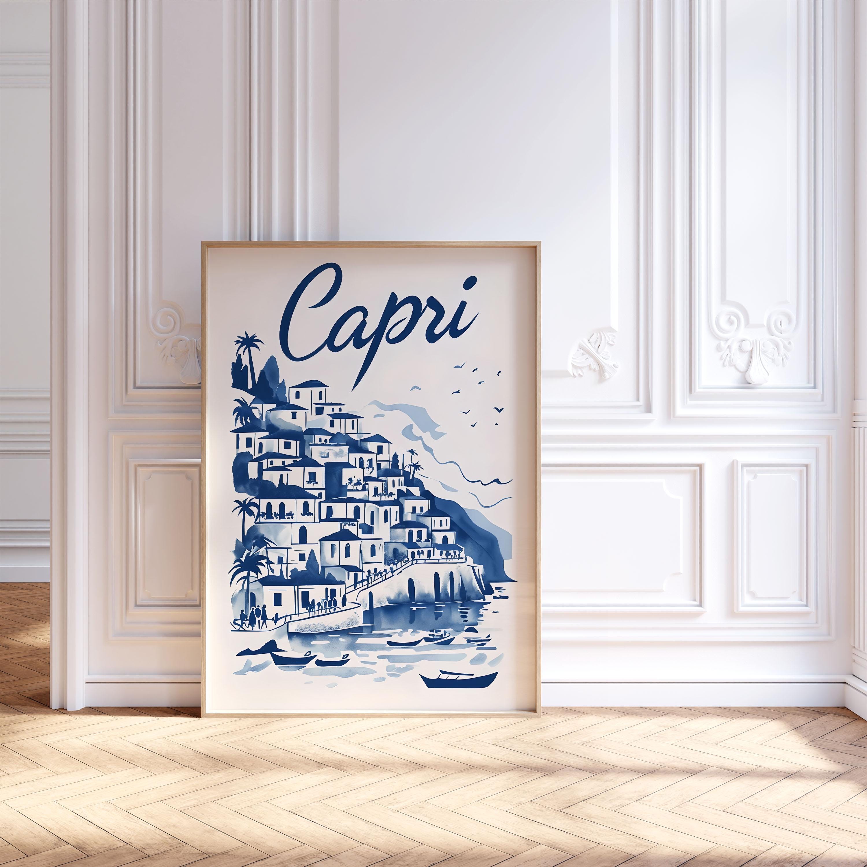 Capri Italy Travel Poster, Retro Italy Print, Navy Blue Trendy Wall Art ...