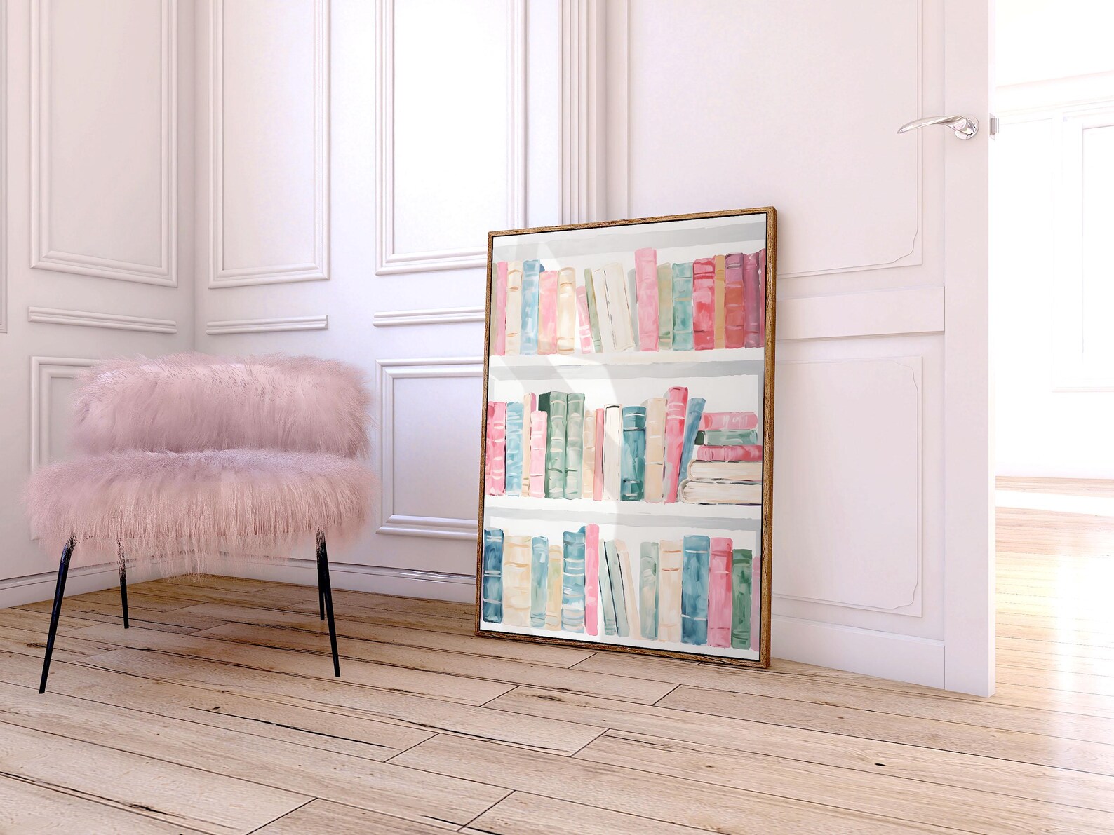 Pastel Book Lover Print, Colorful Bookshelf Painting, Reading Nook Wall ...