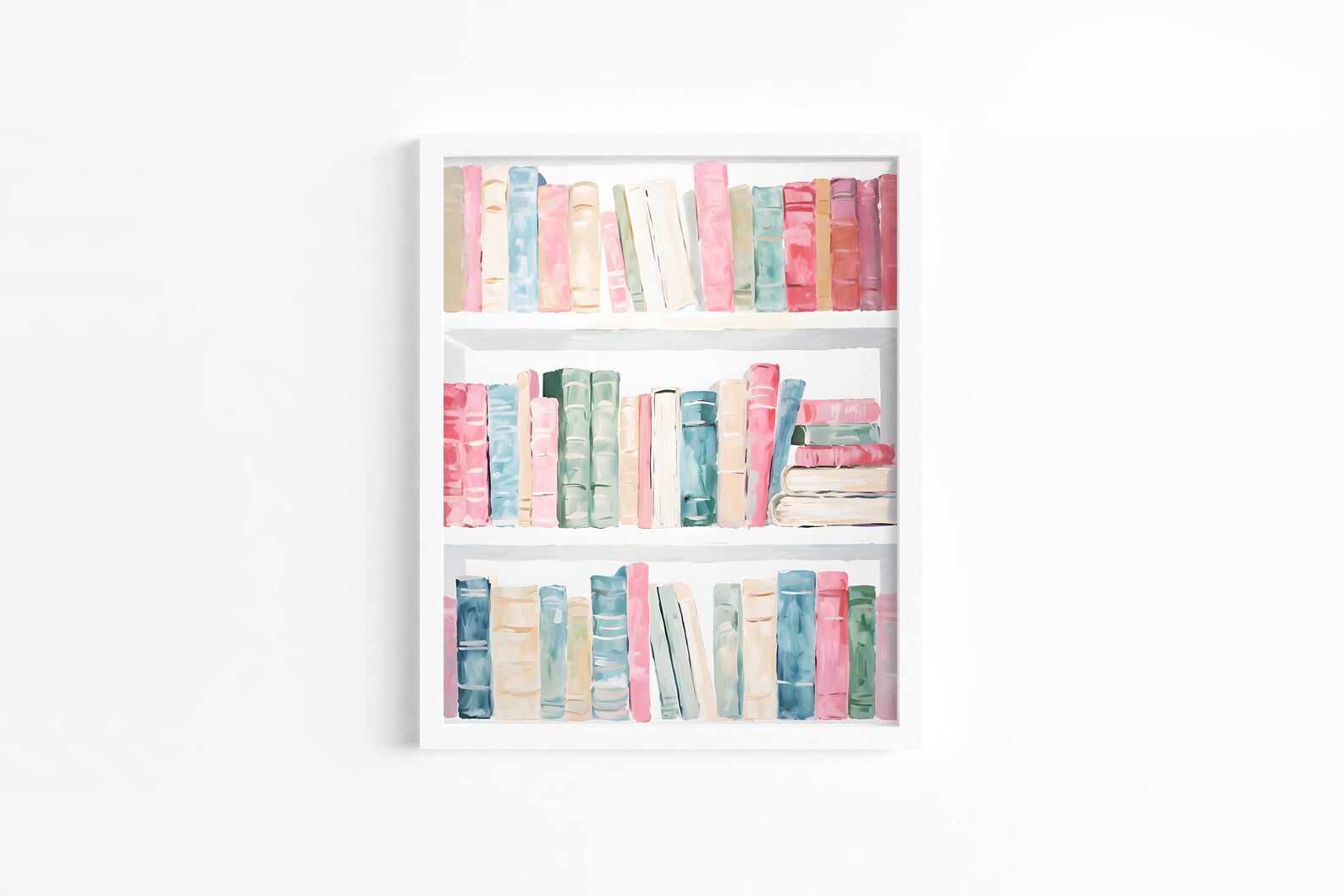 Pastel Book Lover Print, Colorful Bookshelf Painting, Reading Nook Wall ...