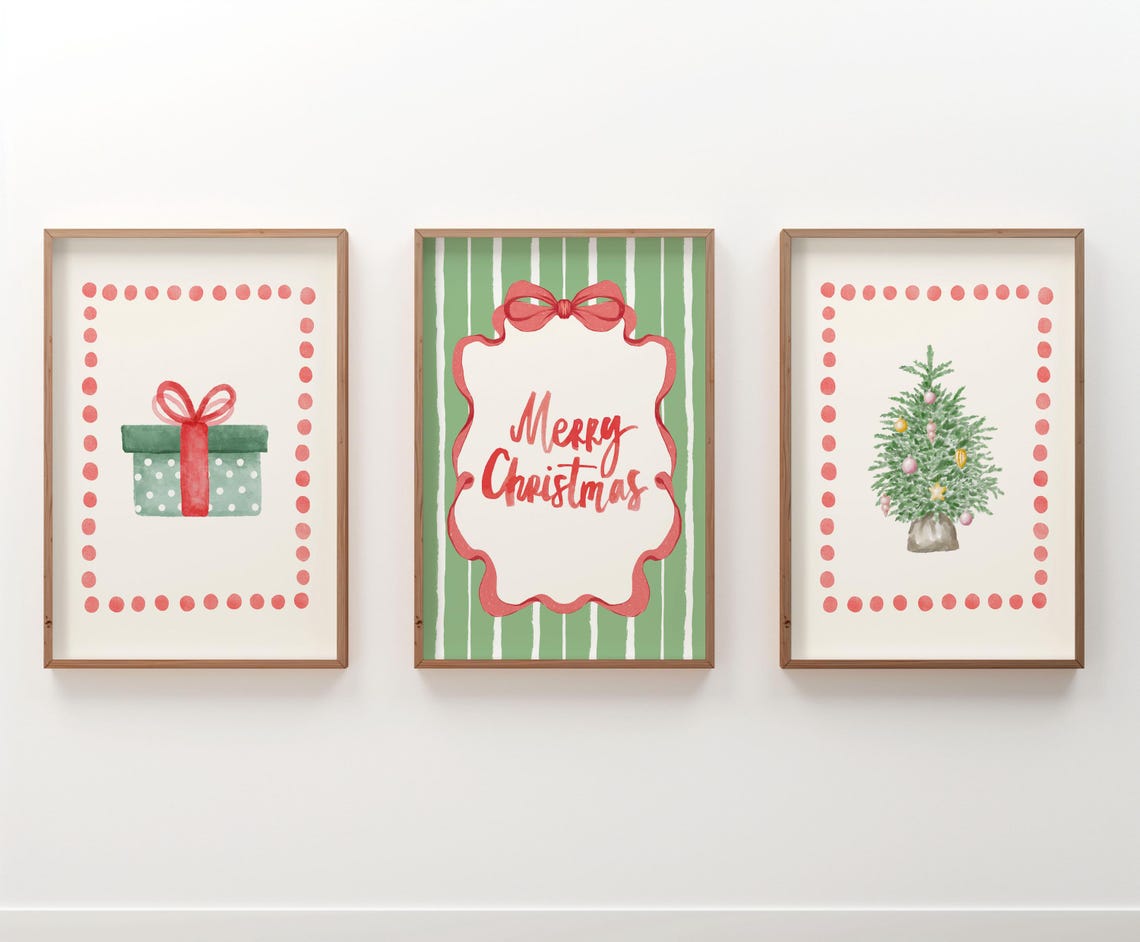 Christmas Posters Set of 12, Red Green Christmas Wall Art Bundle ...