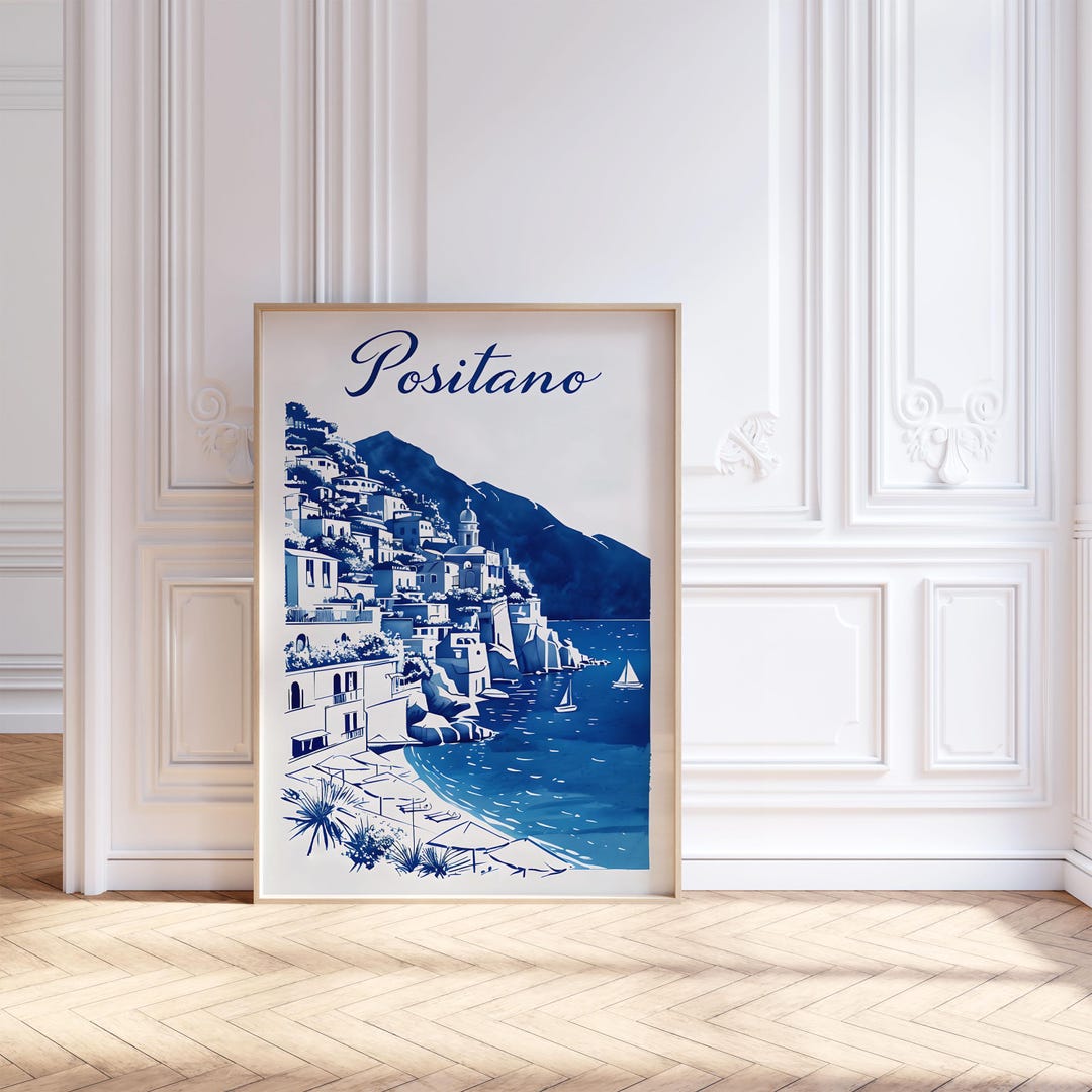 Positano Wall Art: Retro Navy Blue Italian Travel Poster (digital ...