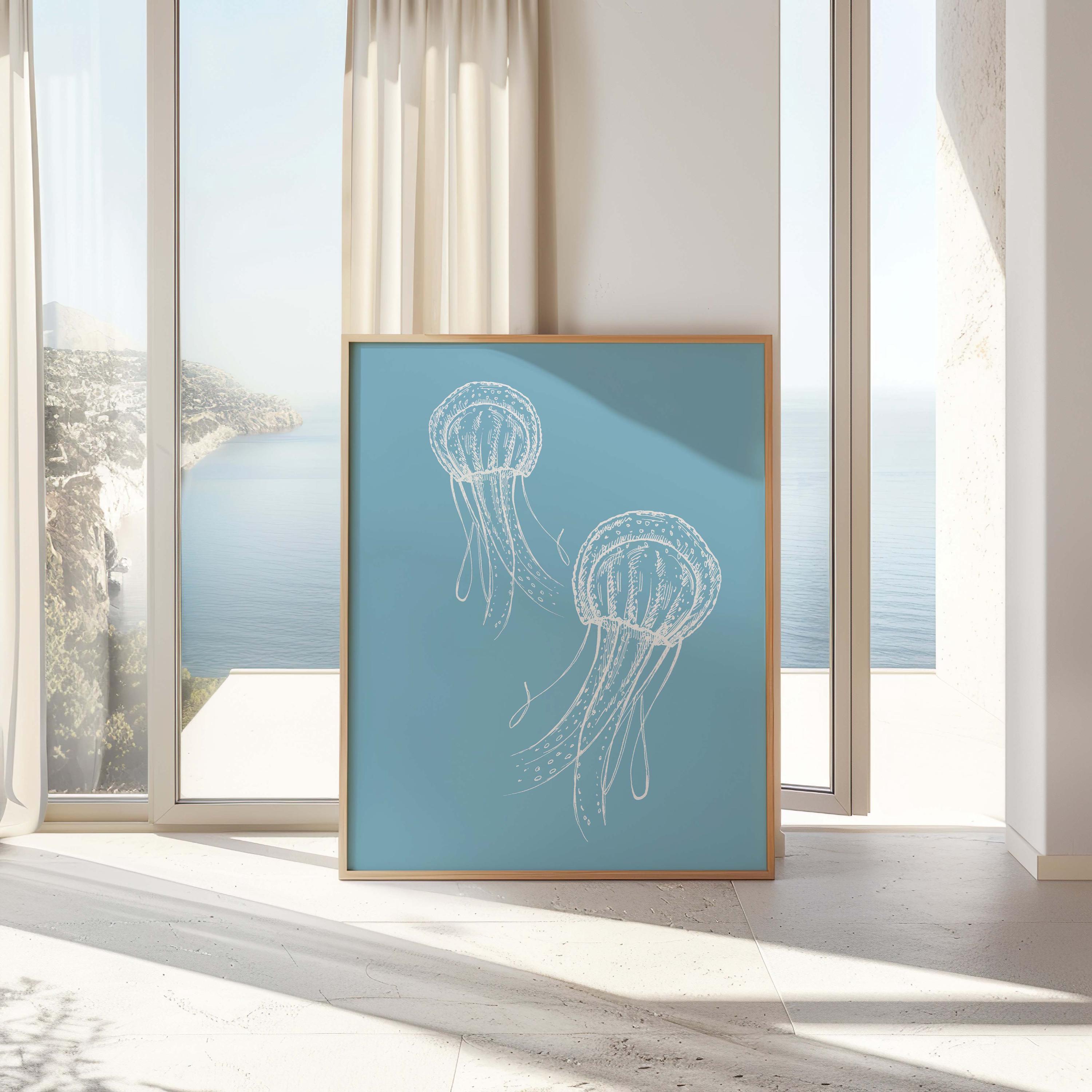 Jellyfish Wall Art Print, Blue Jellyfish Poster, Light Blue Wall Art ...