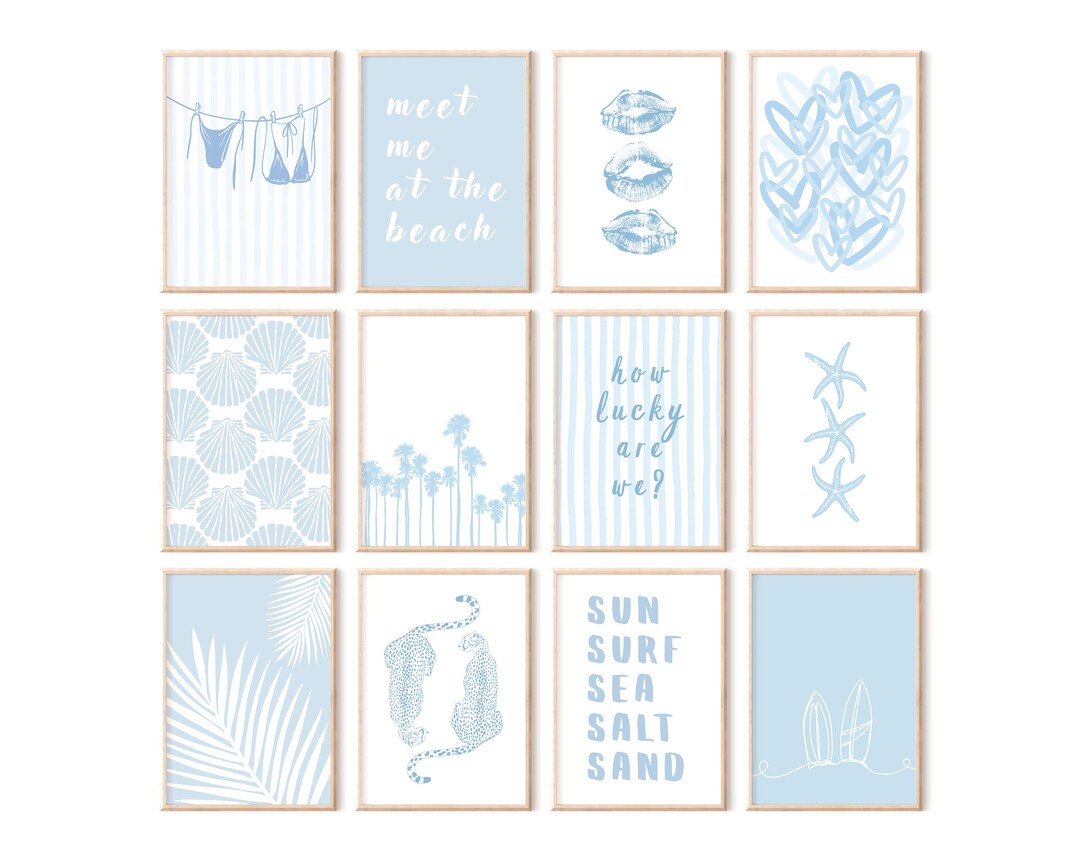 Blue Beach Prints Set of 12, Preppy Coastal Wall Art, Trendy Girly Dorm ...