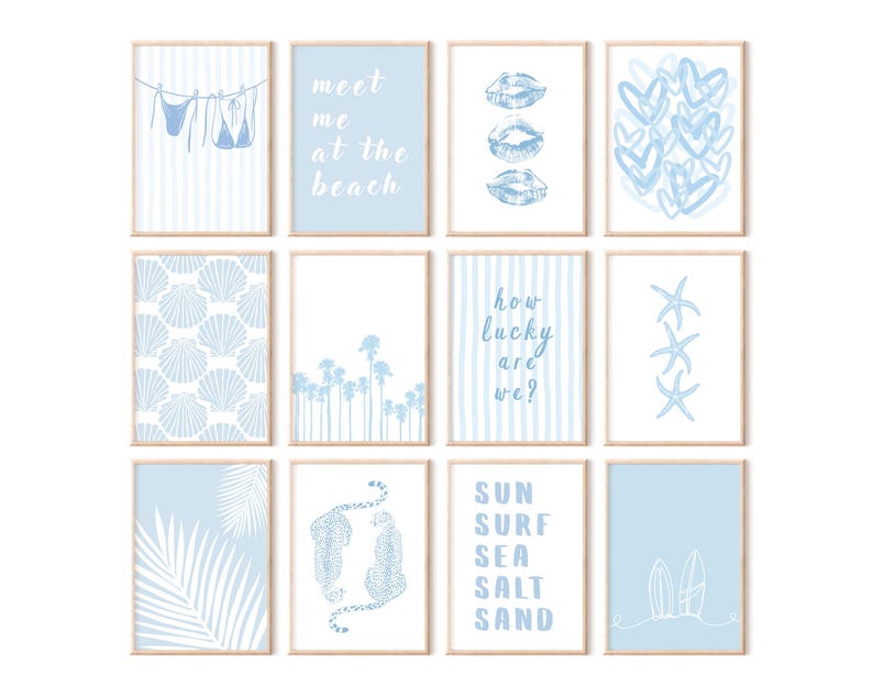 Blue Beach Prints Set of 12, Preppy Coastal Wall Art, Trendy Girly Dorm ...