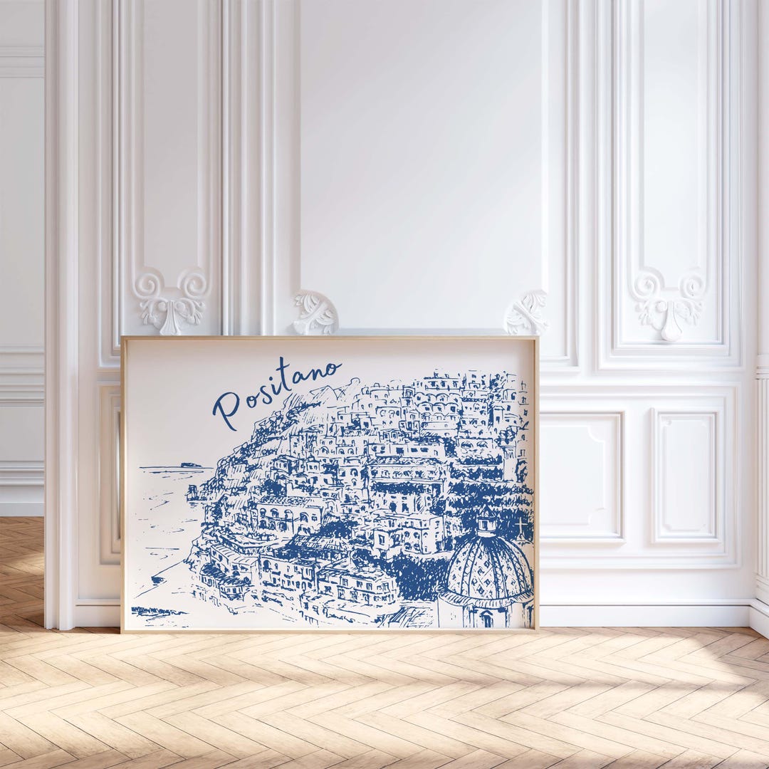 Positano Travel Poster, Retro Italy Print, Navy Blue Trendy Wall Art ...