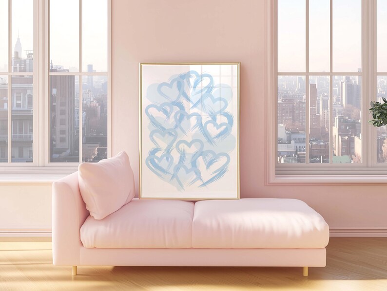 Blue Preppy Hearts Print, Trendy Wall Art, Girly Dorm Room Decor ...