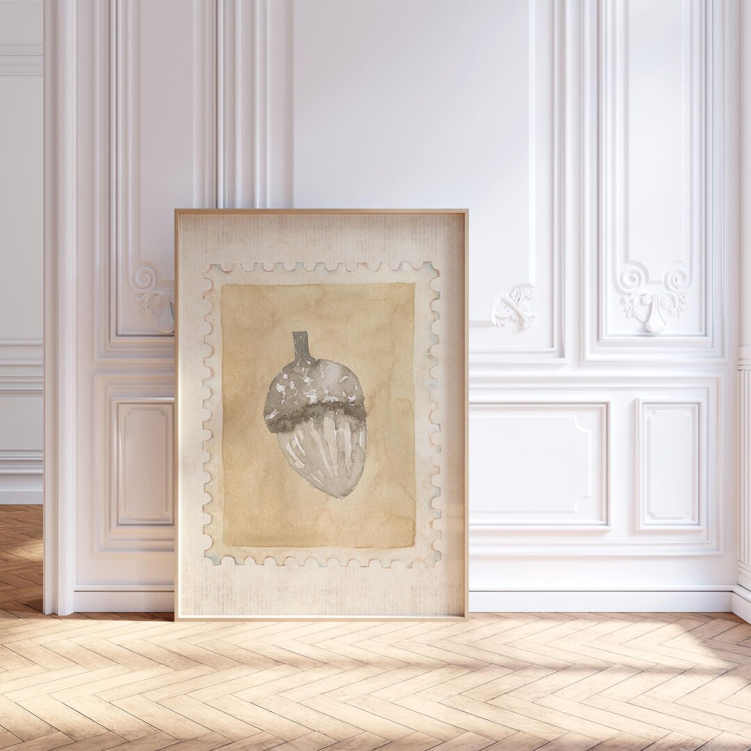 Vintage Acorn Stamp Print, Neutral Fall Wall Art, Rustic Acorn ...