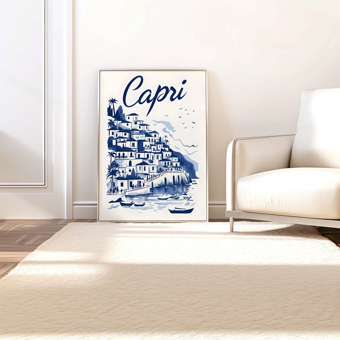 Capri Italy Travel Poster, Retro Italy Print, Navy Blue Trendy Wall Art ...