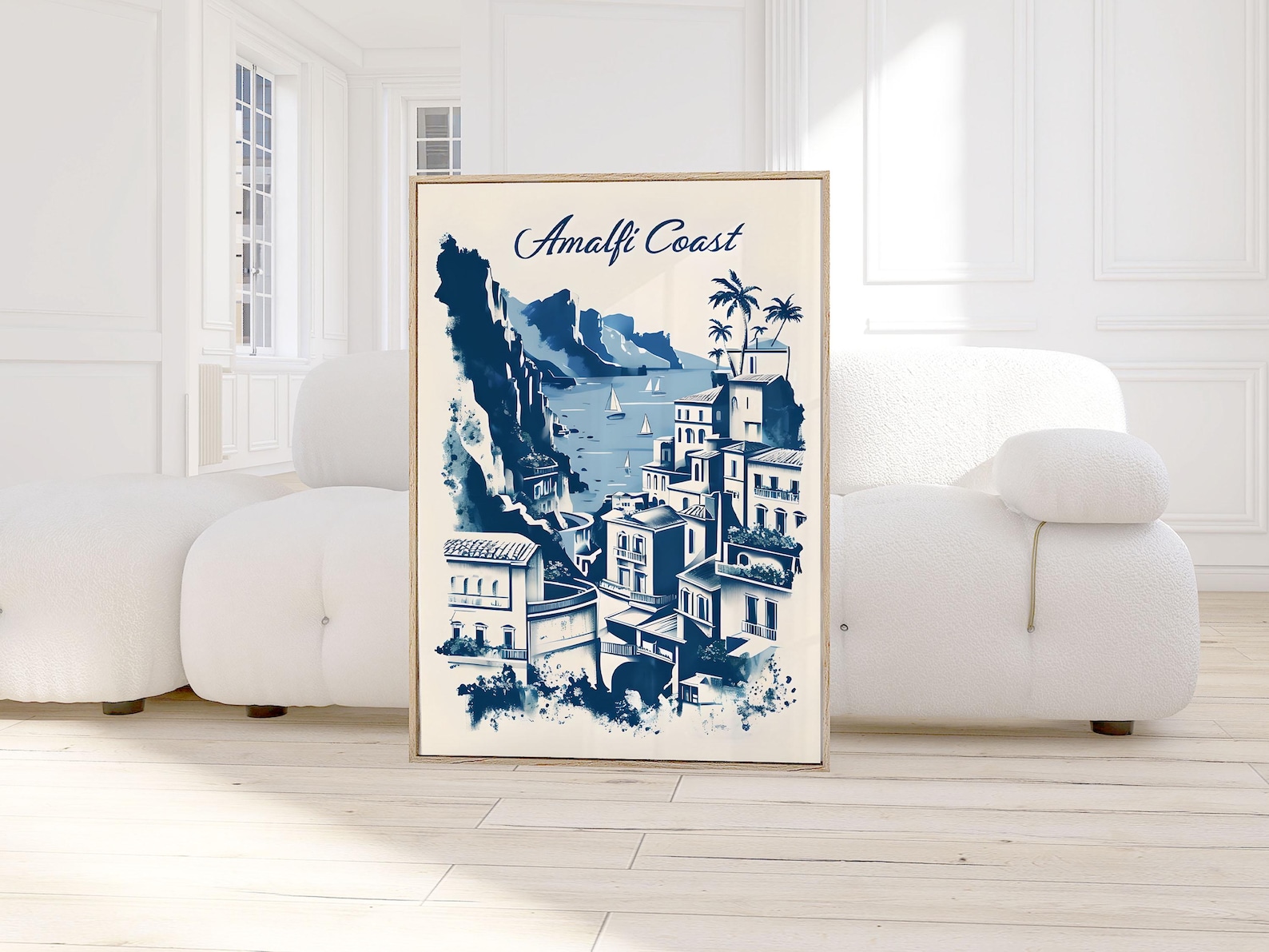 Amalfi Coast Travel Poster, Retro Italy Print, Navy Blue Trendy Wall ...