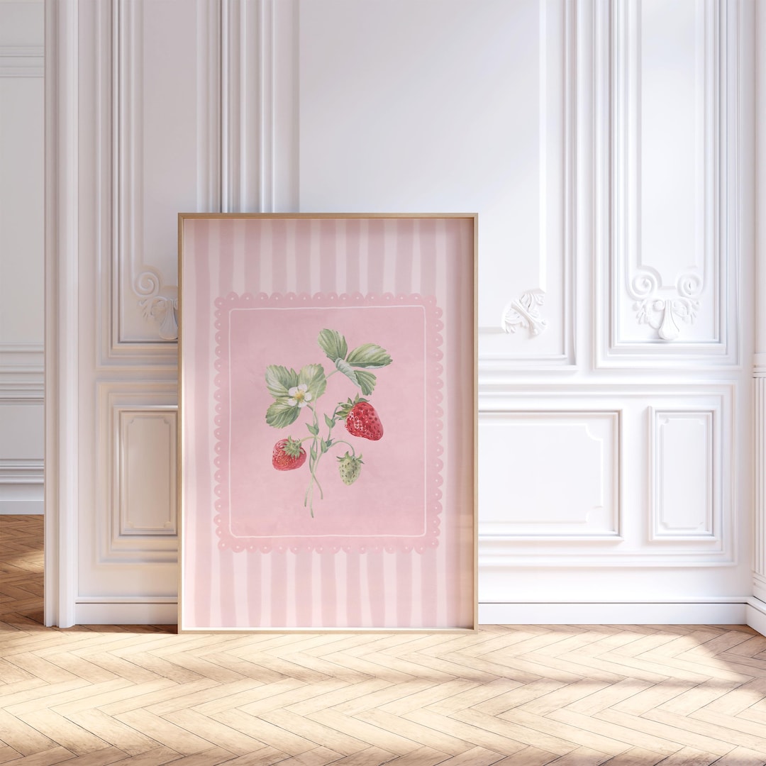 Pink Striped Strawberry Print, Cute Trendy Fruit Poster, Cottagecore ...