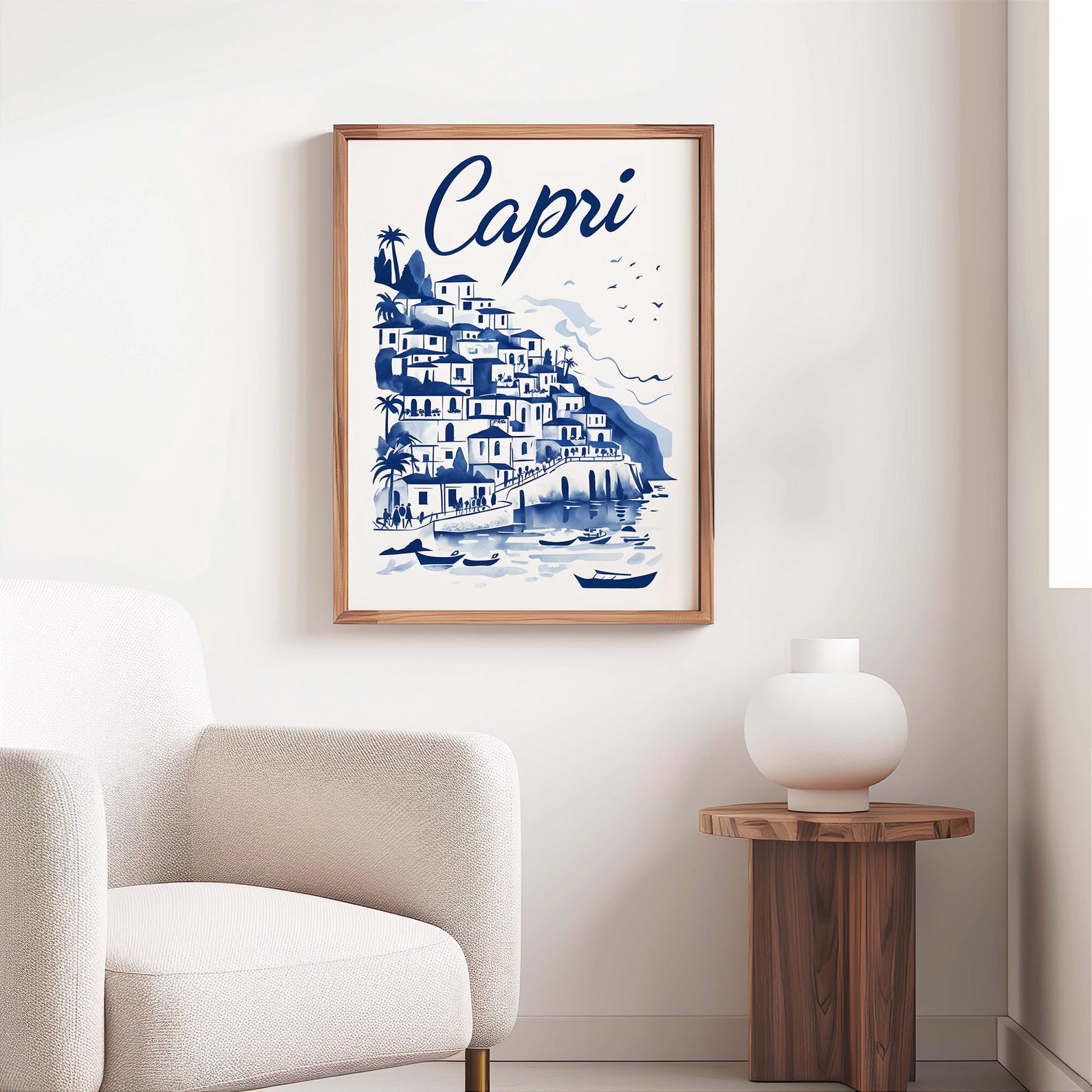 Capri Italy Travel Poster, Retro Italy Print, Navy Blue Trendy Wall Art ...