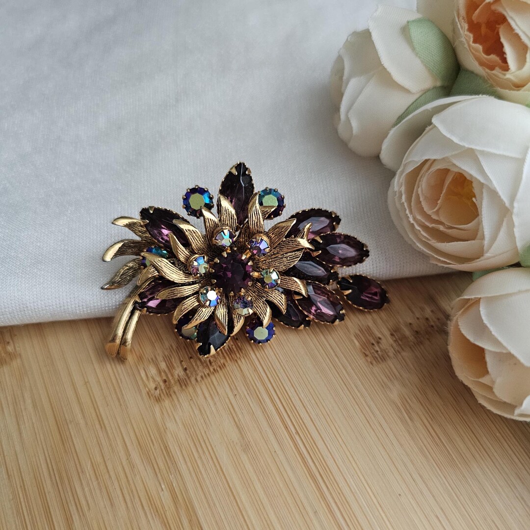 Vintage 1950s Selini Selro Rhinestone Layered Brooch Leaf Flower Design ...