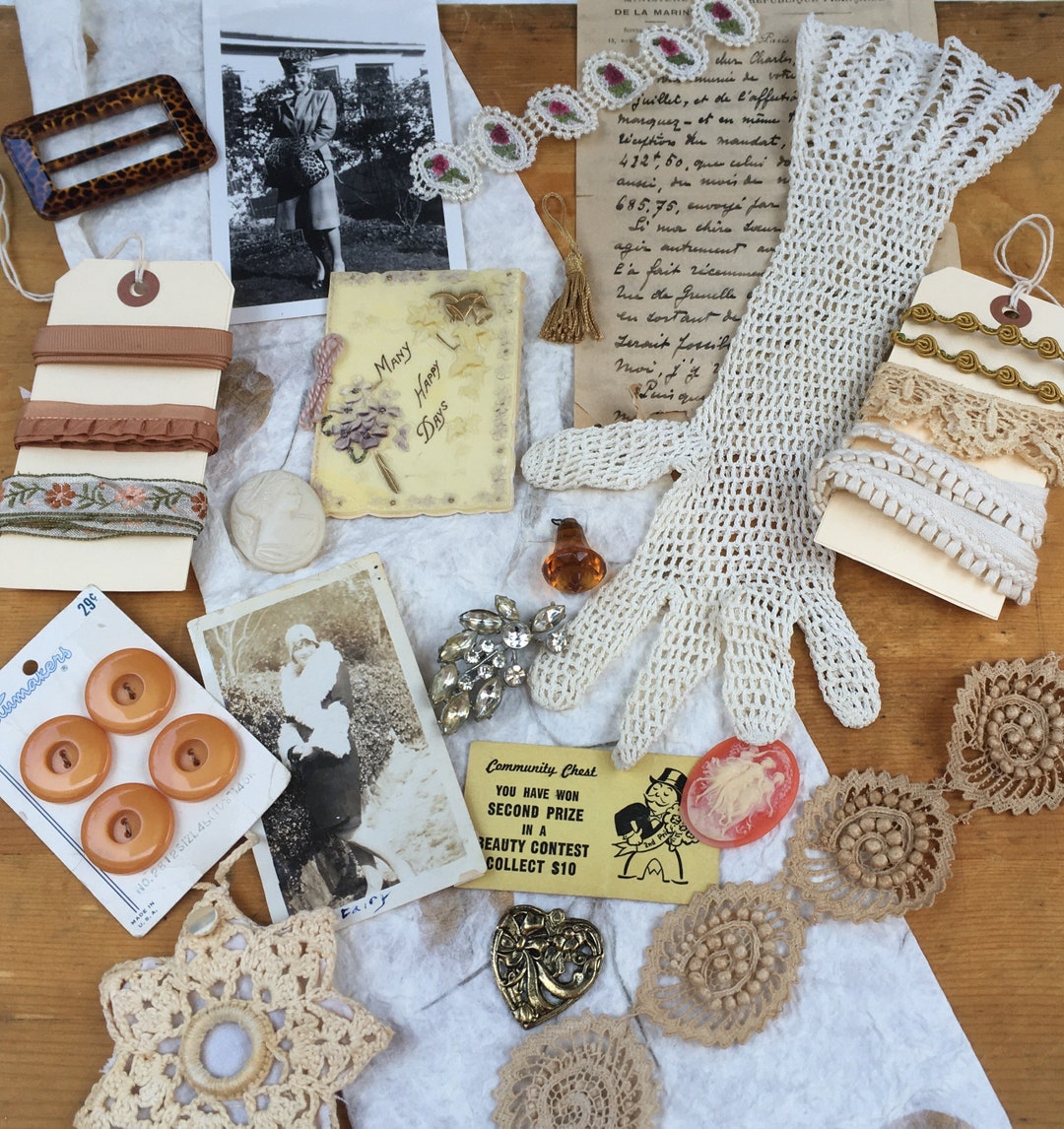 Vintage Mixed Media Kit: Gold Tones, Ephemera, Slow Stitch Supplies - Etsy