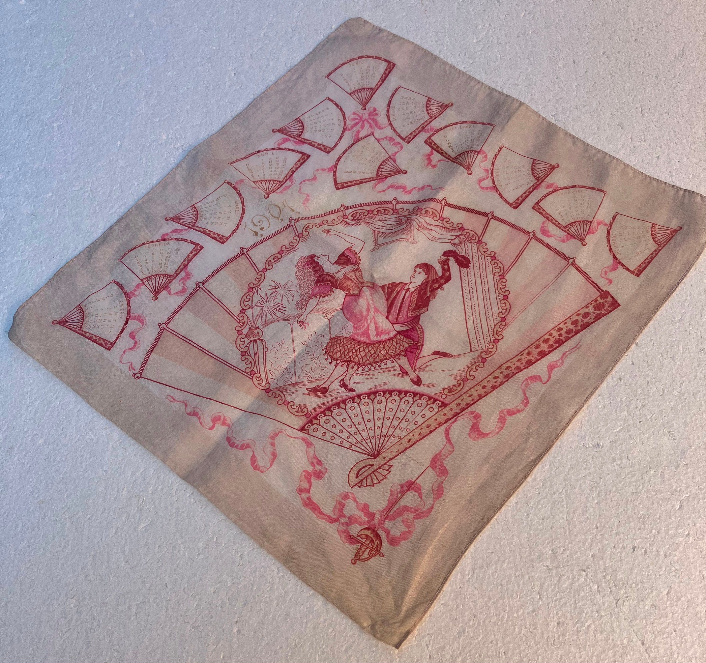 1904 Calendar Handkerchief / Dancers in Traditional Costumes / Fan ...