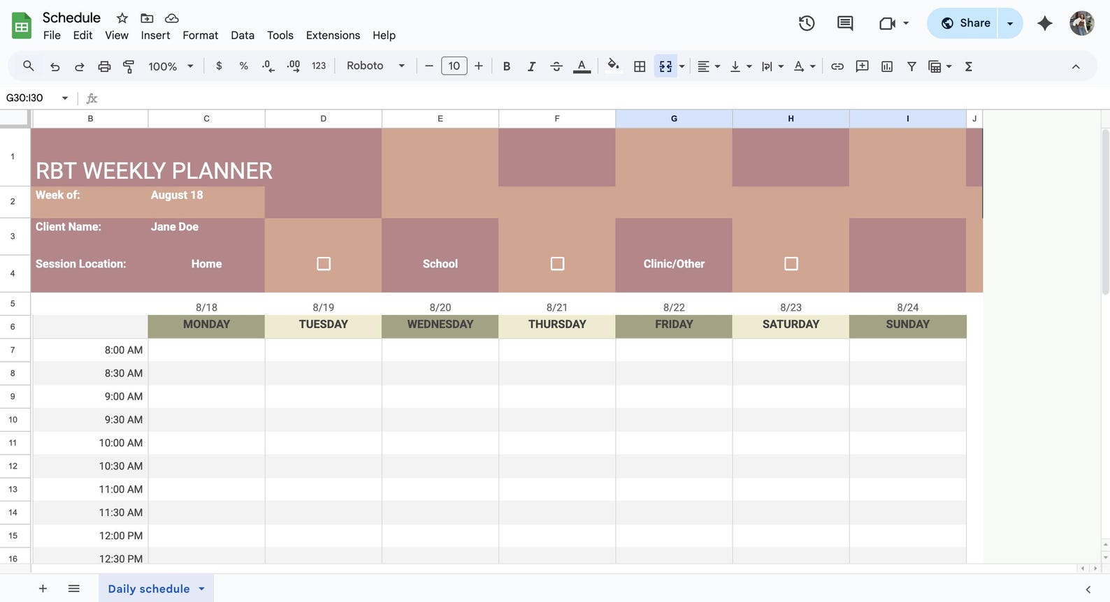 Editable RBT Weekly Planner | ABA Therapy Session Organizer | Google ...