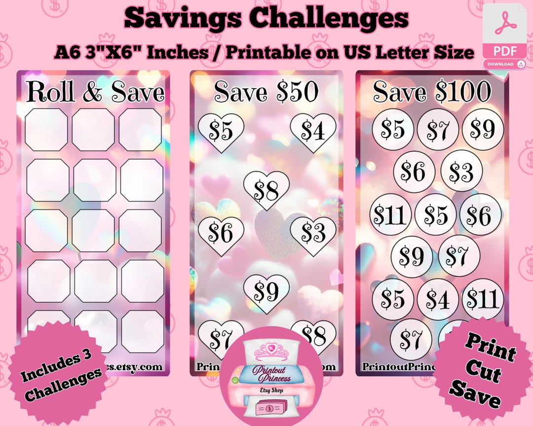 Savings Challenge Printable: Hearts and Glitter, Set of 3 (PDF Designs ...