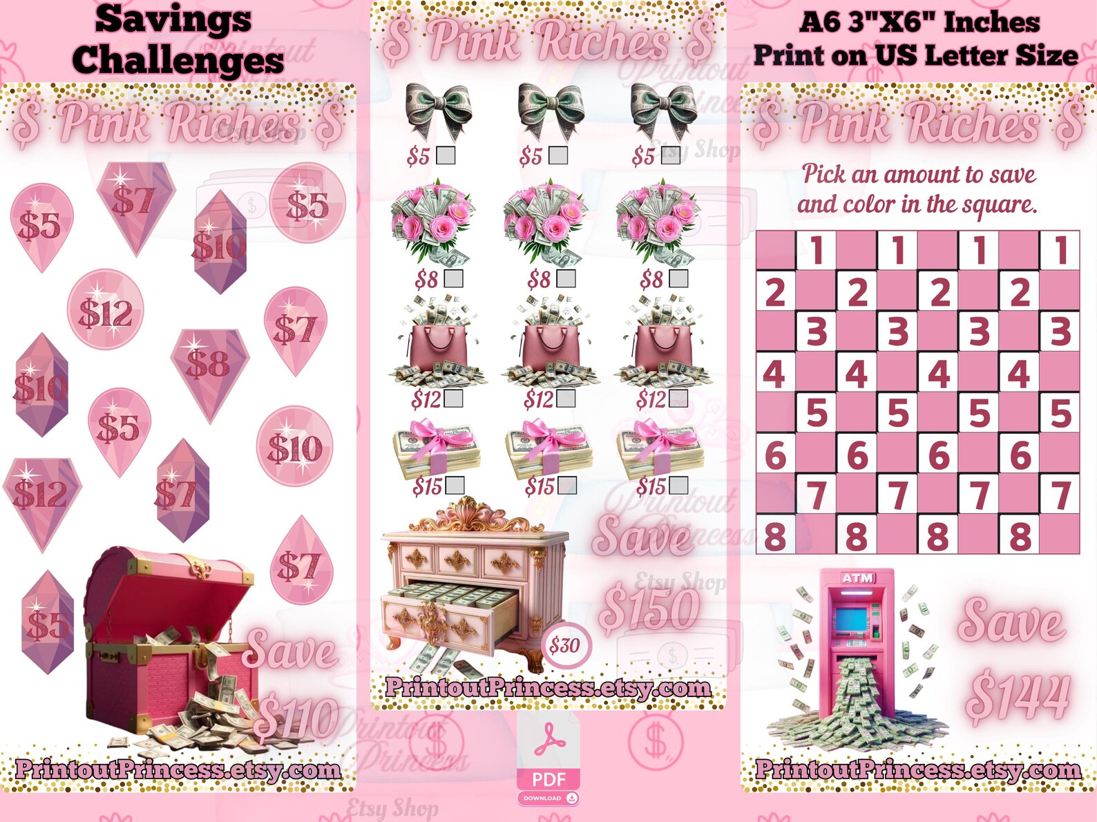 Savings Challenge I Pink Riches I Printable Tracker for Cash Money ...