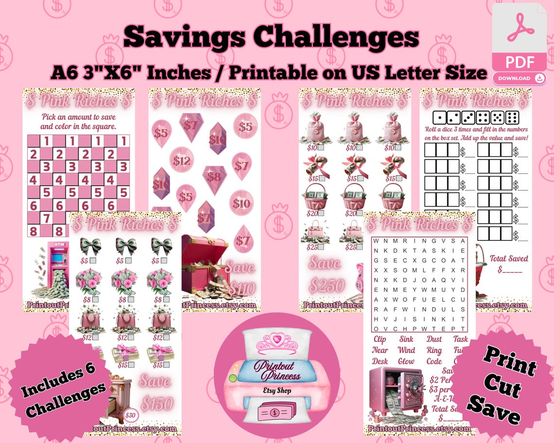 Savings Challenge I Pink Riches I Printable Tracker for Cash Money ...