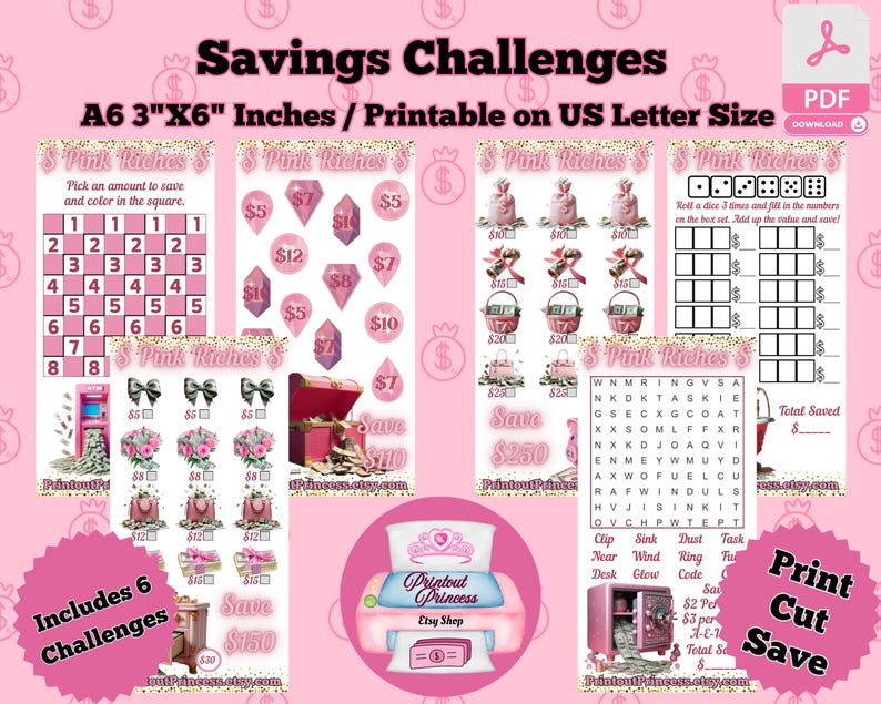 Savings Challenge I Pink Riches I Printable Tracker for Cash Money ...