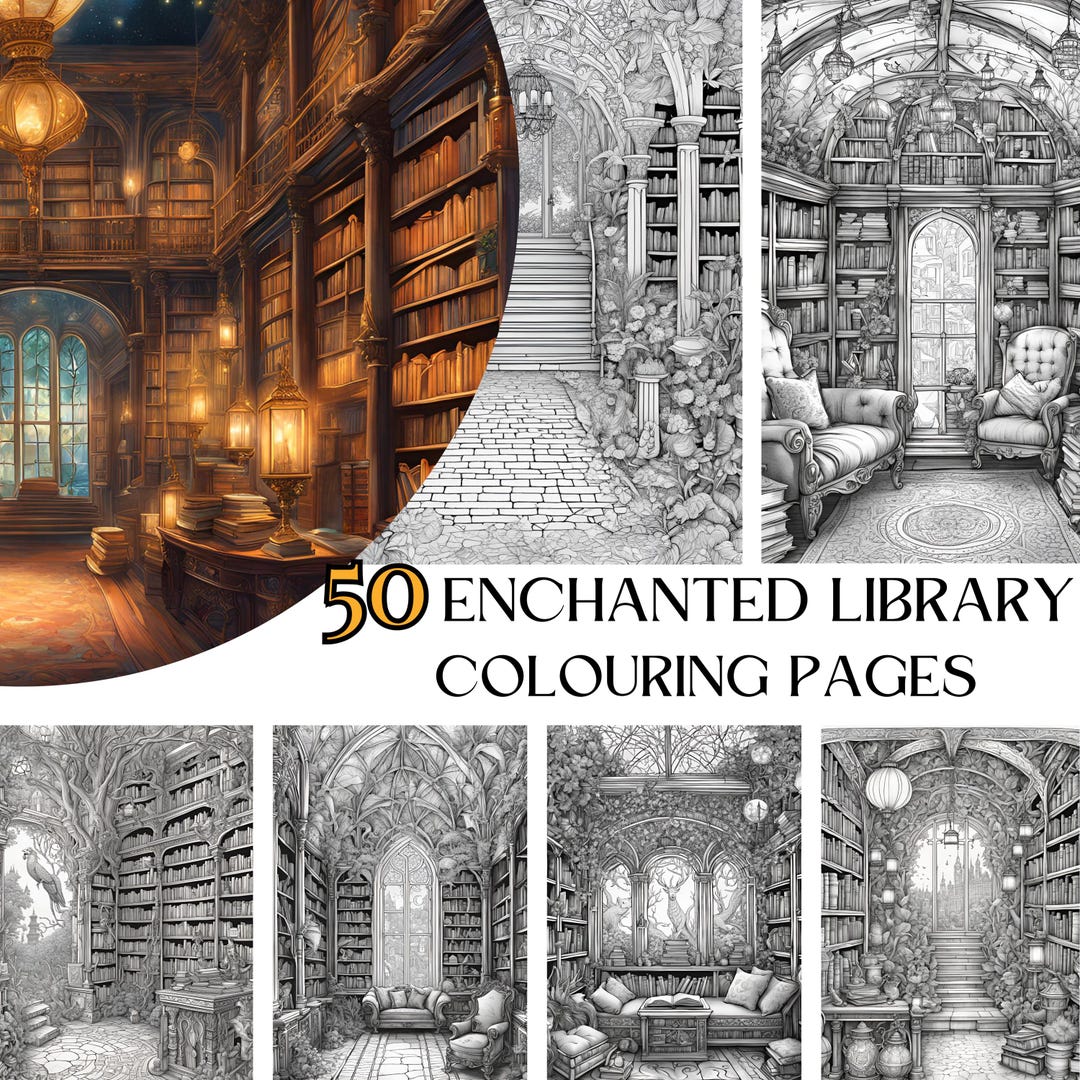 50 Enchanted Library A4 Colouring Book Image Instant Download Pdf - Etsy