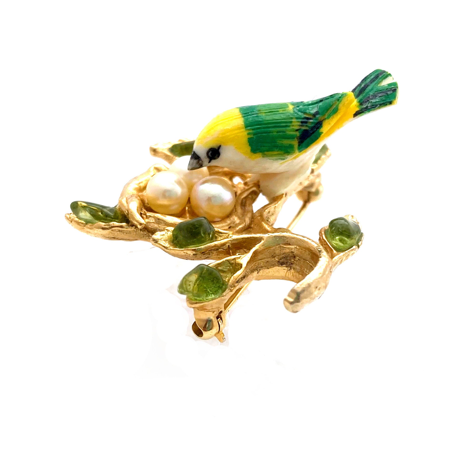 Vintage 1960s SWOBODA Mama Bird Eggs in Nest Peridot Pearl Tree Figural ...