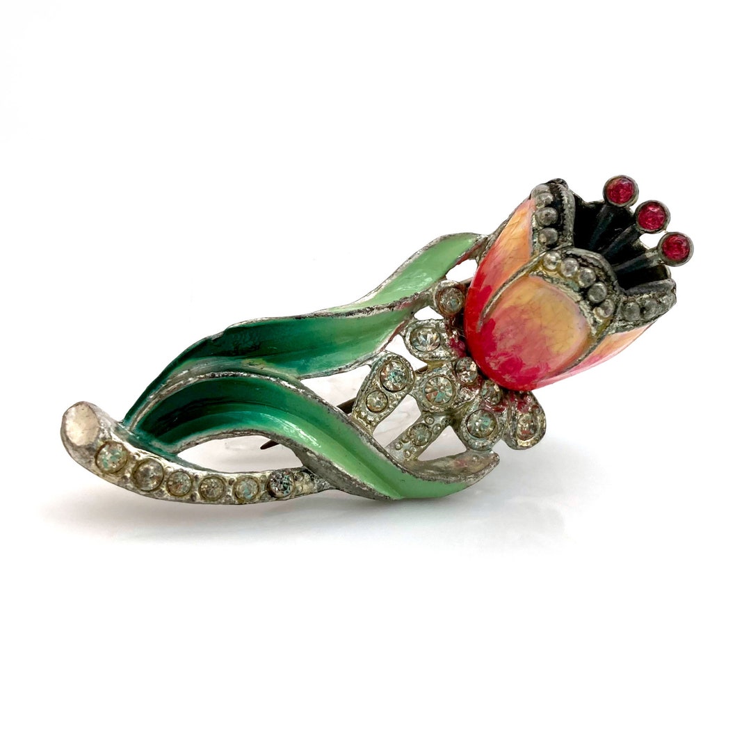 Vintage 1940s Coro Tulip Flower Enamel Rhinestone Fur Clip Brooch Half