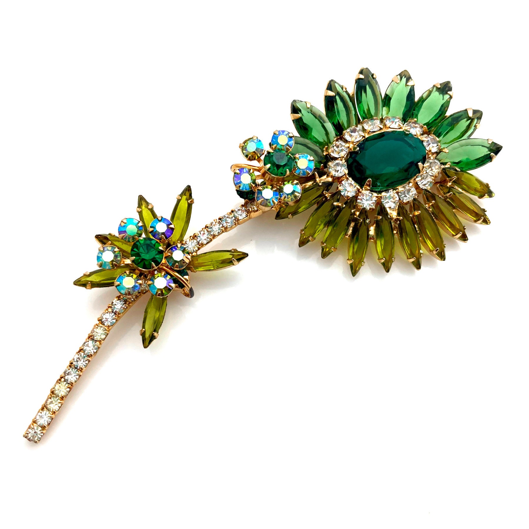 Vintage JULIANA Huge Flower Blossom Green Rhinestone Floral Figural ...