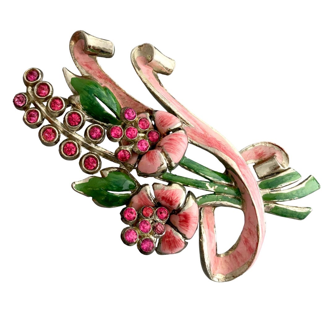 Vintage 1940s Signed CORO Pink Flower Spray Enamel Rhinestone Figural ...
