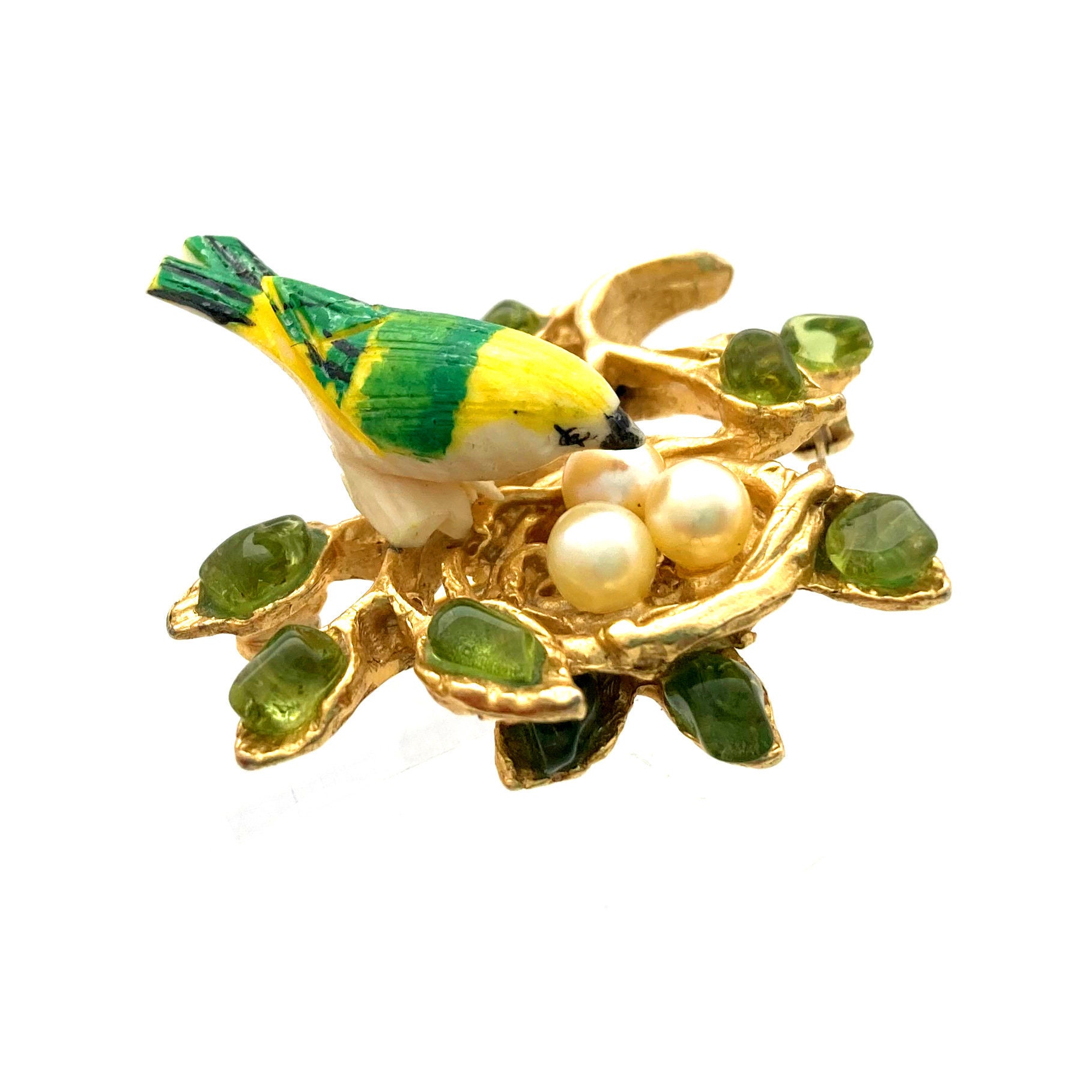 Vintage 1960s SWOBODA Mama Bird Eggs in Nest Peridot Pearl Tree Figural ...