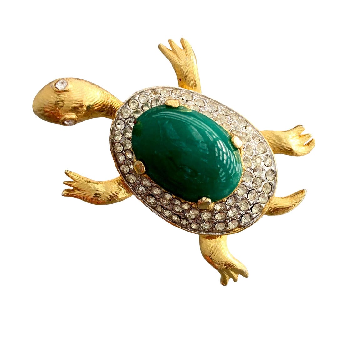 Vintage 1960s Unsigned Turtle Green Jewel-tone Glass Pave Rhinestone ...