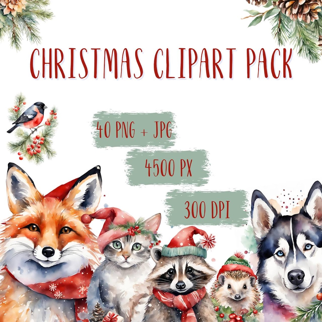 Watercolor Christmas Animals Clipart: 40 Pastel PNG Images (digital ...