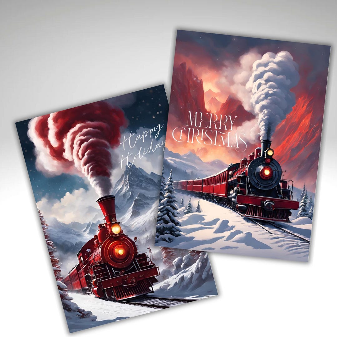 Retro Christmas Train Card Set: Printable Holiday Cards (PDF) - Etsy