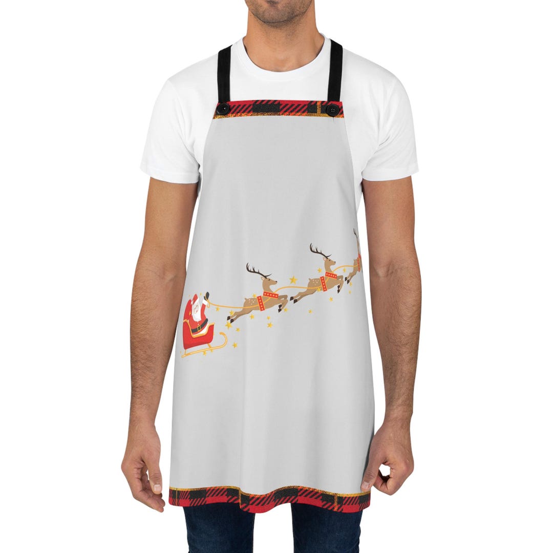 Christmas Apron, Santa Sleigh Reindeer Tartan Kitchen Cooking, Holiday ...