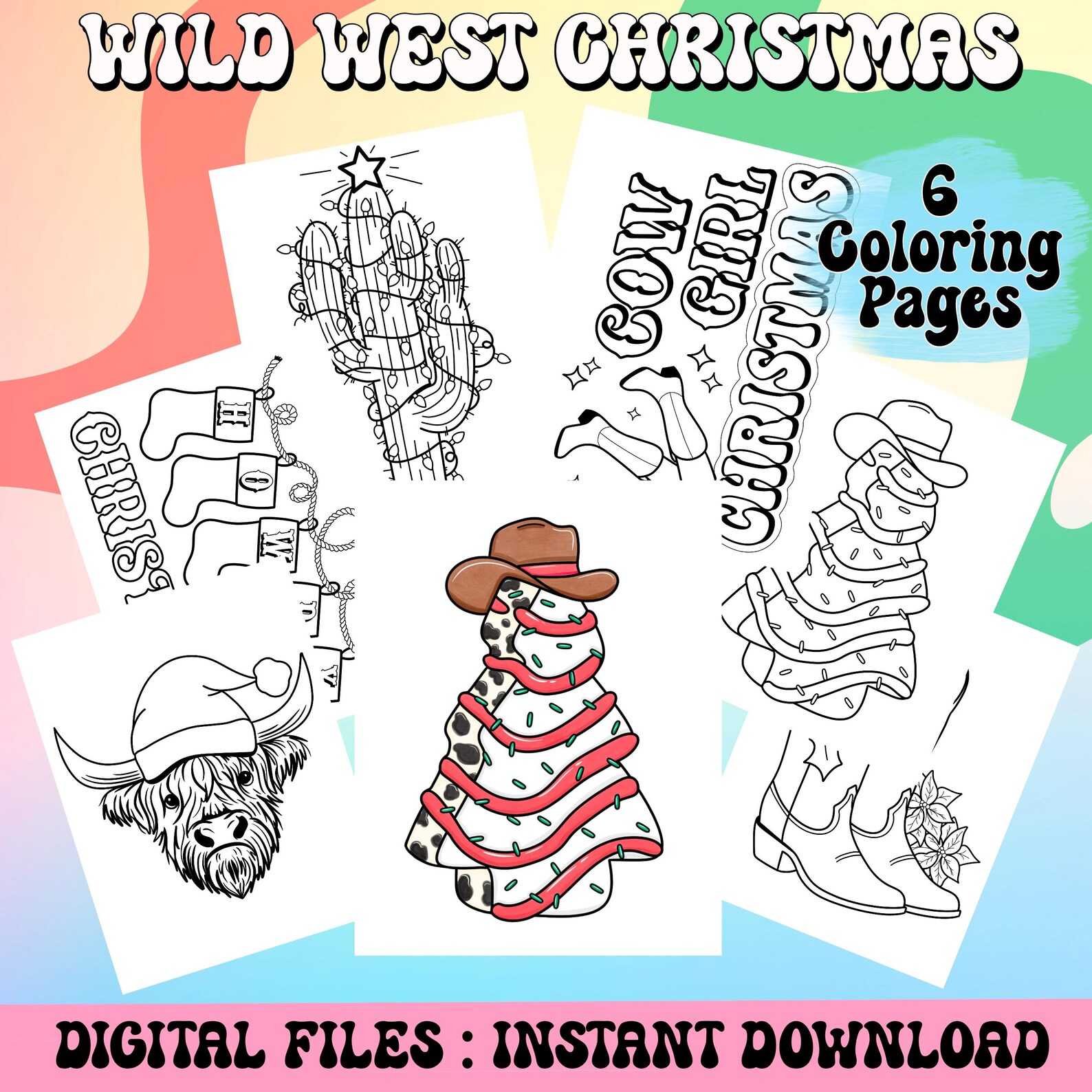 Western Christmas Coloring Pages, Digital Coloring Pages, Cute Coloring ...